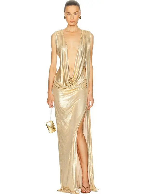 SID NEIGUM Floor Length Cowl Back Dress - Gold Metallic