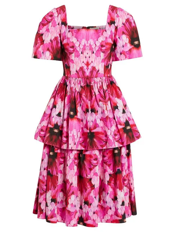 Alexander McQueen Layered Floral-print Cotton-poplin Midi Dress - Fuchsia