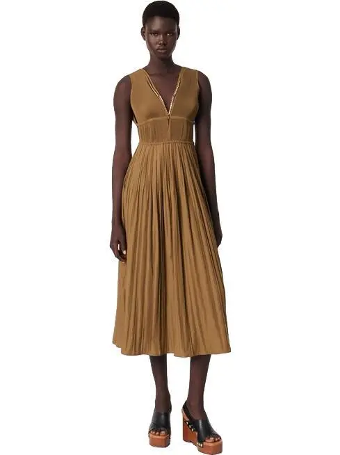 Maje Jewellery Neckline Pleated Maxi Dress - Yellow / Neutral