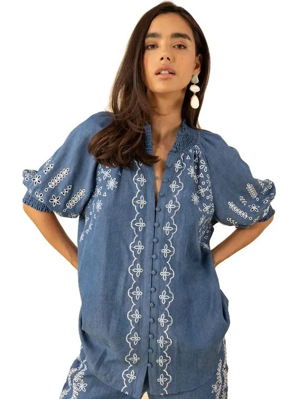 Hale Bob Fallon Embroidered Chambray Top - Blue