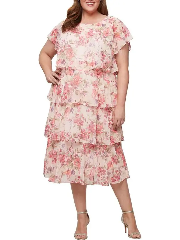 SL FASHIONS Tiered Floral Midi Dress - Peach Multi