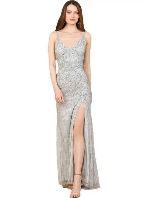 LARA NEW YORK Beaded Lace-up Mermaid Gown - Silver