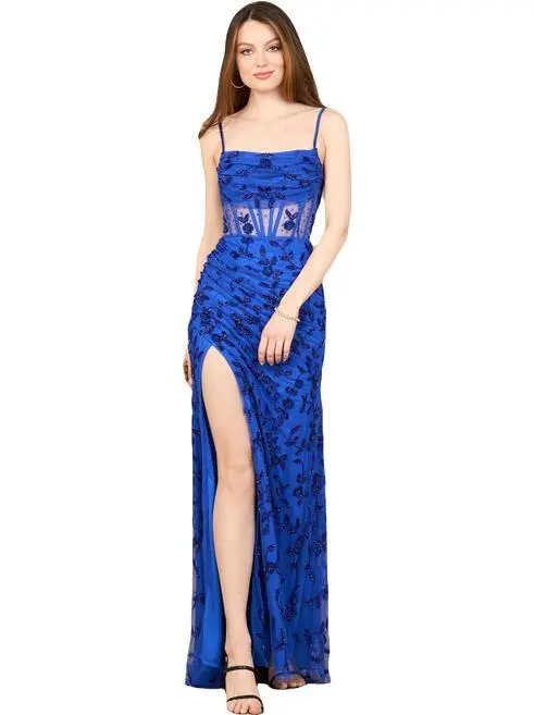 LARA NEW YORK Beaded Corset Gown With Slit - Blue