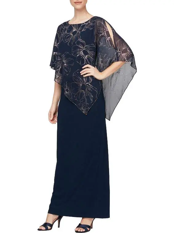 SL FASHIONS Metallic Chiffon Overlay Gown - Navy/ Rose Gold