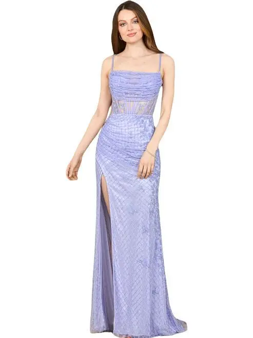LARA NEW YORK Beaded Corset Gown With Slit - Blue Iris