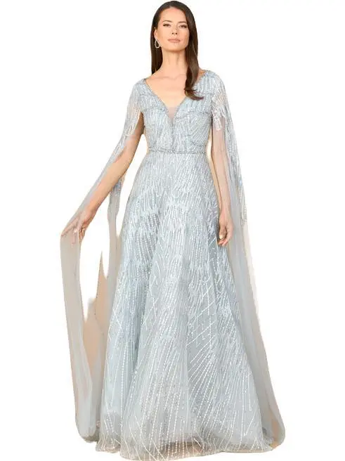 LARA NEW YORK Embellished V-neck Gown With Cape Sleeves - Blue