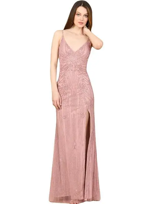 LARA NEW YORK Beaded Lace-up Mermaid Gown With Slit - Cashmere