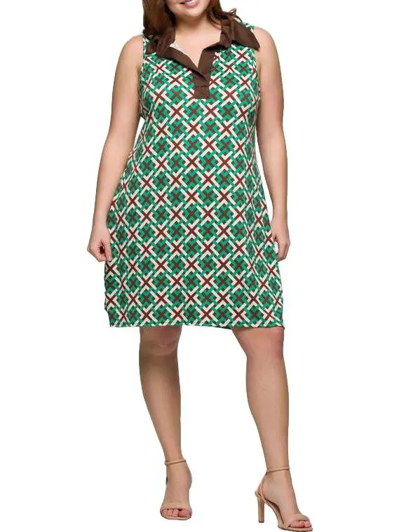 24SEVEN COMFORT APPAREL Johnny Collar Sleeveless Shift Dress - Green Multi