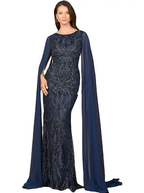 LARA NEW YORK High Neck Mermaid Gown With Cape Sleeves - Navy