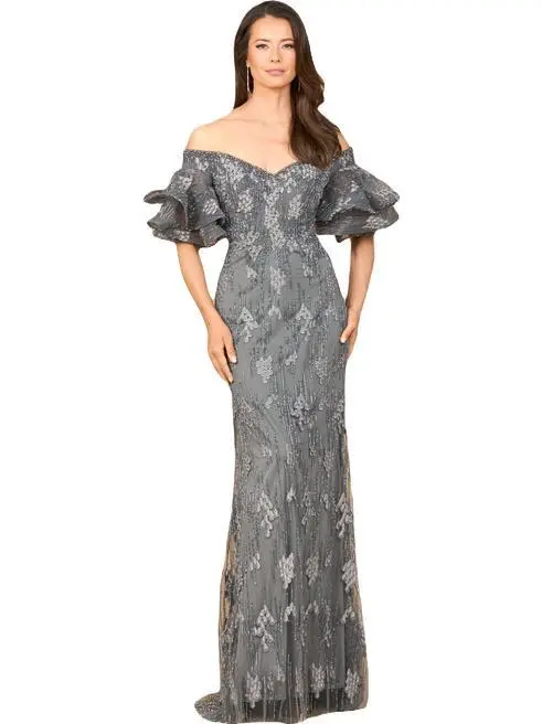 LARA NEW YORK Off-shoulder Beaded Mermaid Gown - Grey