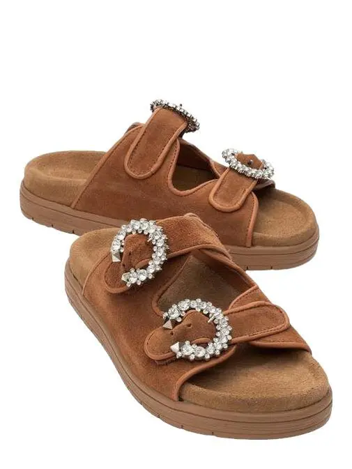 FOREVER & ALWAYS SHOES Morelia Suede Leather Slide Sandal - Cognac Brown Suede Leather