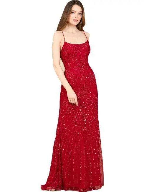 LARA NEW YORK Lace Up Beaded Dress - Red