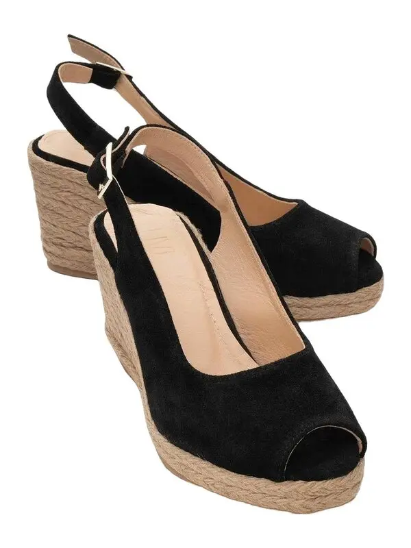 FOREVER & ALWAYS SHOES Ryan Leather Espadrille Wedge Sandals - Black Suede Leather
