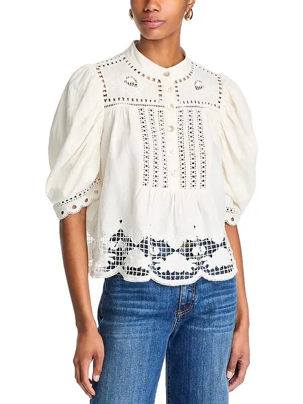 Farm Rio Romantic Richelieu Puffed Sleeve Blouse - Off-white