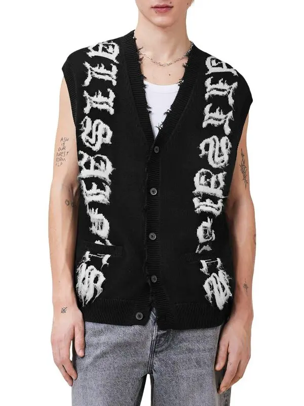 ALLSAINTS Scripture Distressed Graphic Sweater Vest - Black/ Ecru White