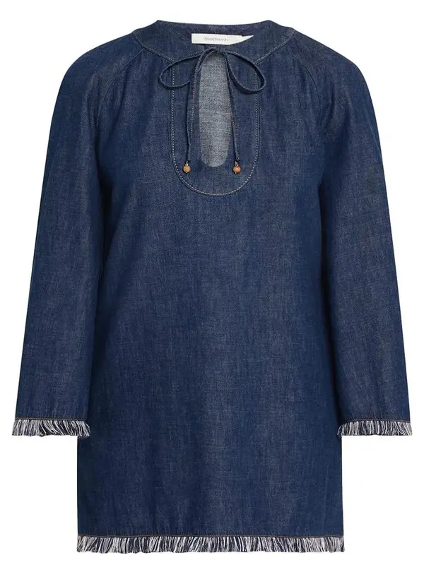 Zimmermann Rhiannon Fringe Denim Mini Dress - Atlantic