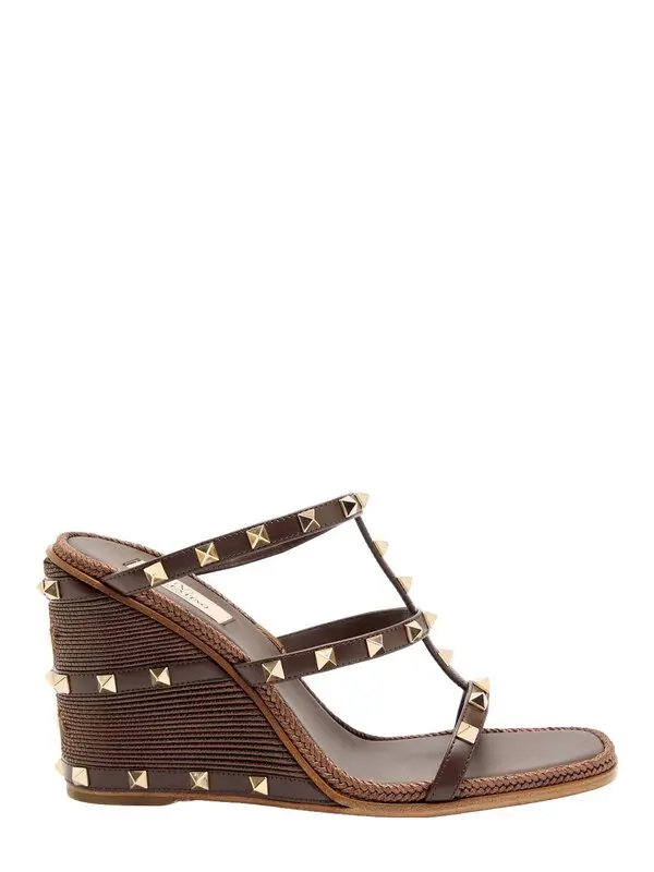 Valentino Garavani Rockstud Leather Wedge Espadrilles - Brown