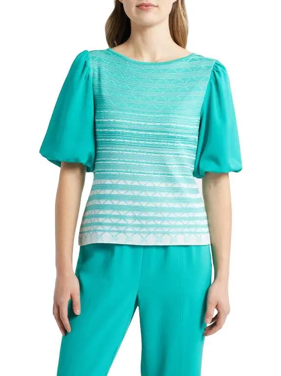 Ming Wang Stripe Mixed Media Jacquard Tunic - Emerald Awe/ Calypso Blue