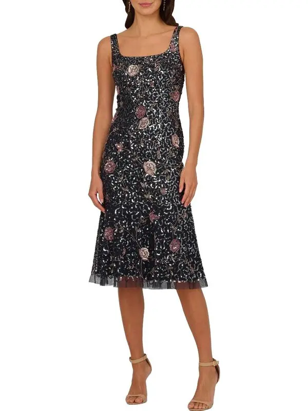 Adrianna Papell Sequin Floral Cocktail Midi Dress - Navy/ Pink Multi