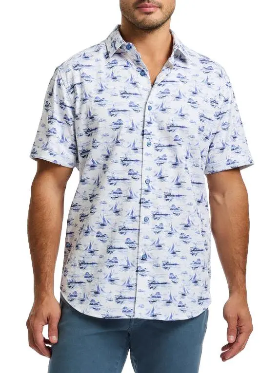 Robert Graham Alboran Sailboat Print Short Sleeve Cotton Button-up Shirt - Blue