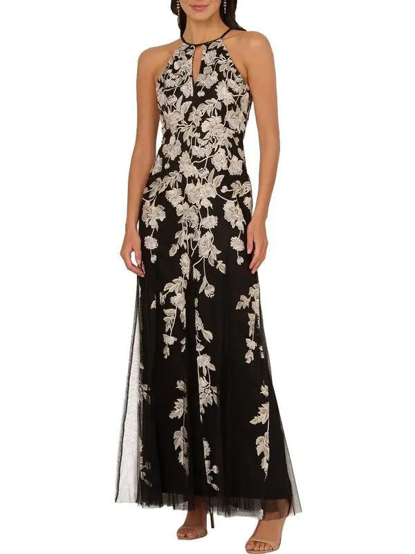 Adrianna Papell Embroidered Godet Gown - Black/ Ivory
