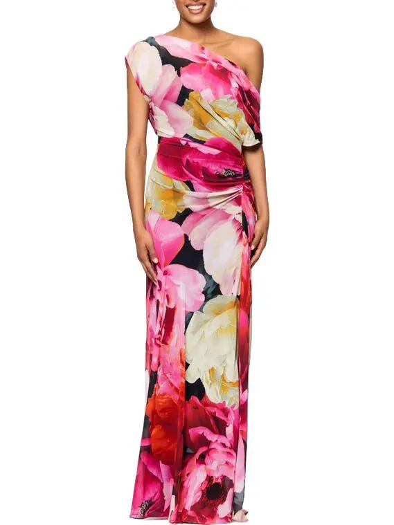 Betsy & Adam Floral One-shoulder Gown - Fuchsia/ Blush
