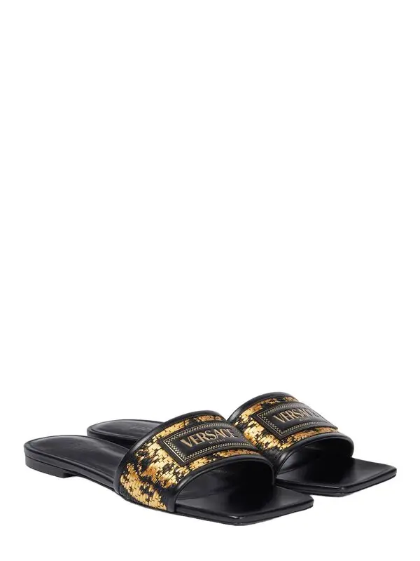 Versace Theia Barocco Raffia-effect Slides - Black