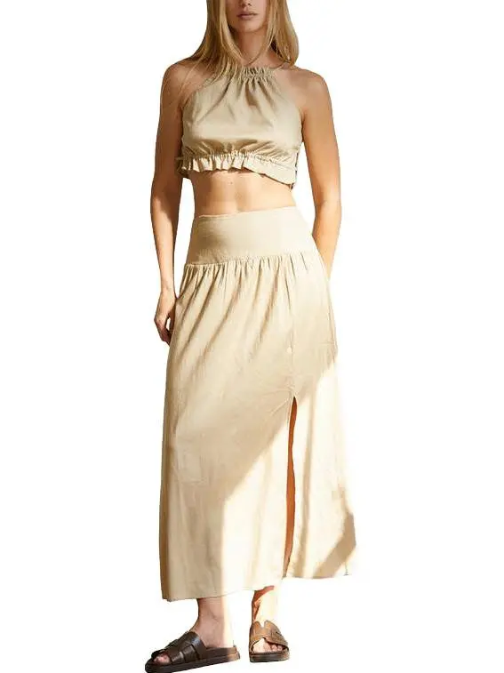 CRESCENT Linen Blend Halter Top & Maxi Skirt Set - Beige