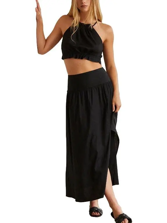 CRESCENT Linen Blend Halter Top & Maxi Skirt Set - Black