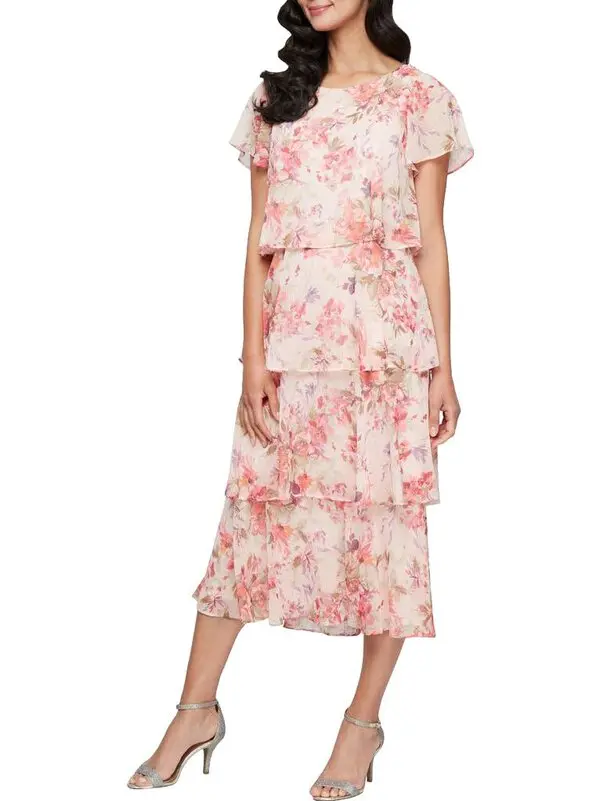 SL FASHIONS Tiered Floral Midi Dress - Peach Multi