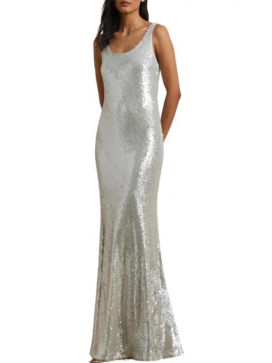 Ralph Lauren Sequin Column Gown - Aqua Pearl