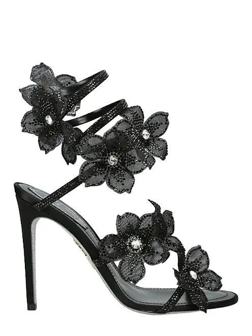 Rene Caovilla Floral Cleo 105 Satin Heeled Sandals - Black