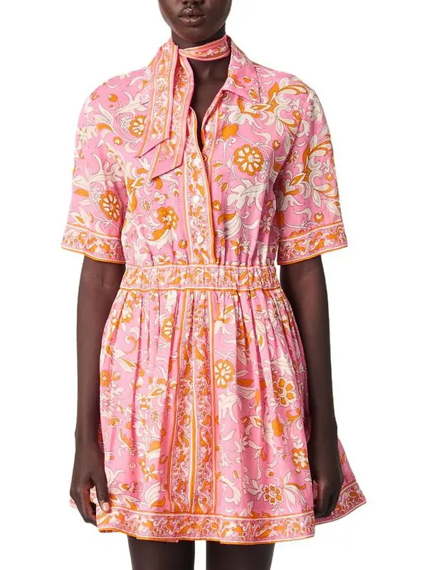 Maje Short Sleeve Printed Mini Dress - Orange/pink