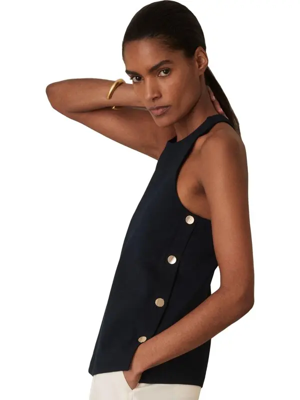 REISS Cosmo Button Side Sleeveless Top - Navy