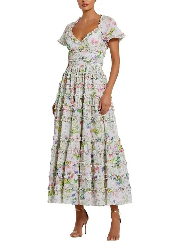 Mac Duggal Cap Sleeve V-neck Floral Cotton Dress - White Multi