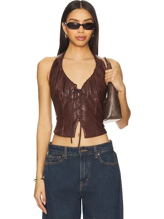 Superdown Faux Leather Halter Top - Brown