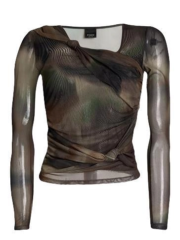 Pinko Long Sleeve Printed Mesh Top - Khaki