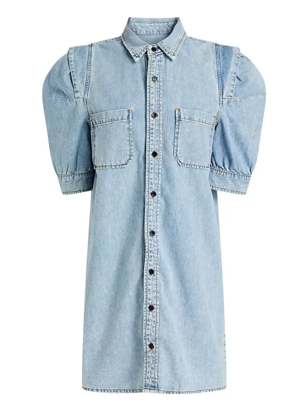 FRAME Gathered Denim Mini Shirt Dress - Light Denim