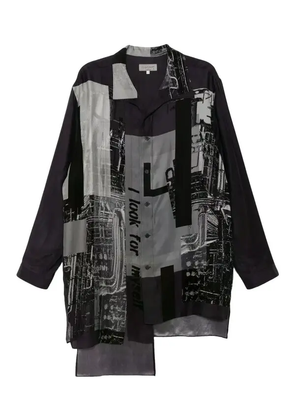Yohji Yamamoto Message-print Switching-hem Shirt - Black