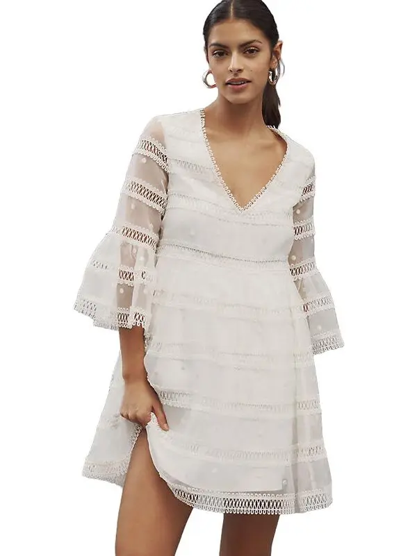 Bhldn Flared-sleeve V-neck Lace Babydoll Mini Dress - White Dahlia