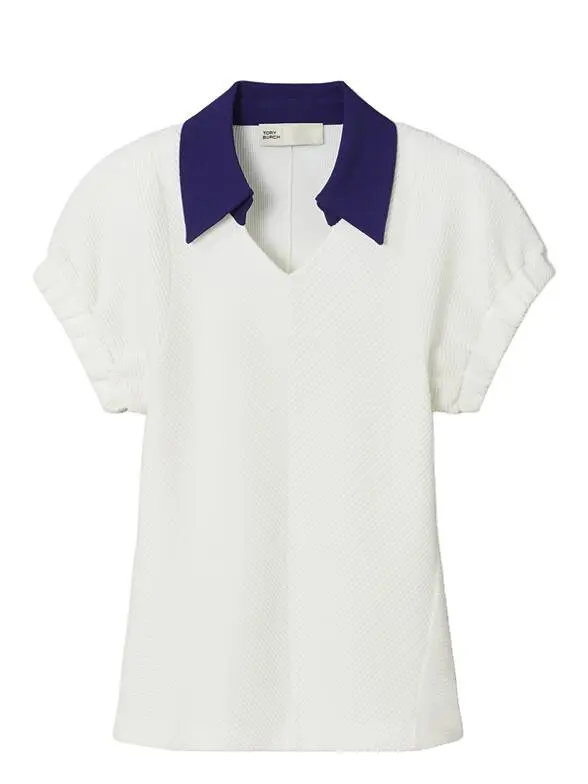 Tory Burch Cotton And Silk Polo - White/ballpoint Blue