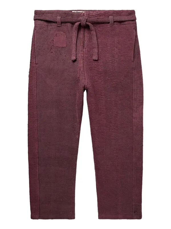 KARTIK RESEARCH Belted Upcycled Textured-cotton Trousers - Burgundy