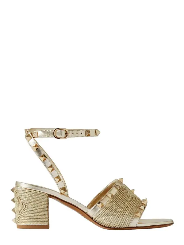 Valentino Garavani Rockstud 60 Embellished Raffia-trimmed Metallic Leather Sandals - Gold