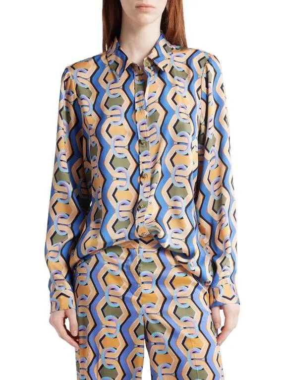 TAHARI ASL Geo Print Satin Shirt - Blue Chains