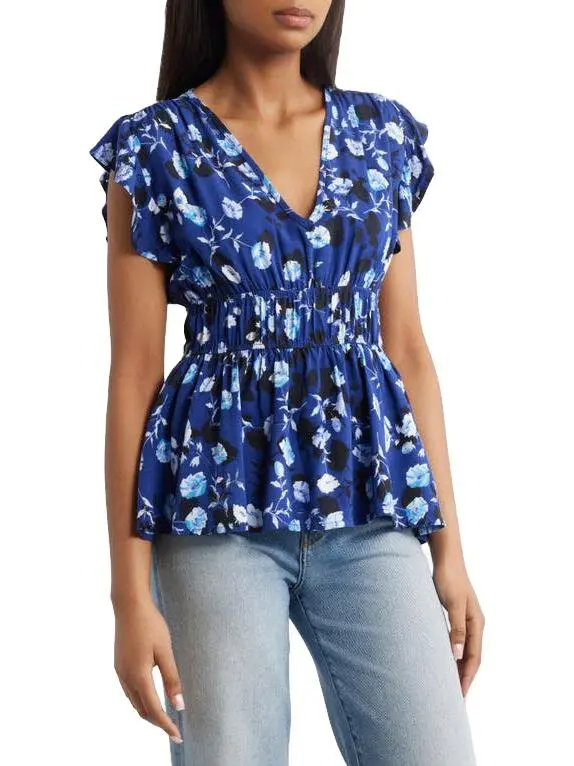 Loveappella Floral Peplum Top - Blue