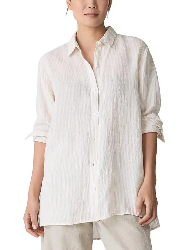 Eileen Fisher Puckered Linen Striped Shirt - Chalk