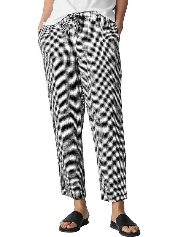 Eileen Fisher Puckered Linen Tapered Ankle Pants - Black White