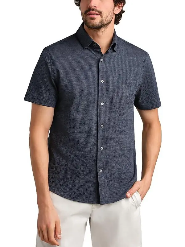 RHONE Commuter Seersucker Regular Fit Short Sleeve Shirt - Navy Chambray