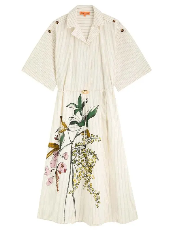 Stine Goya Striped Printed Cotton Midi Shirt Dress - Cream