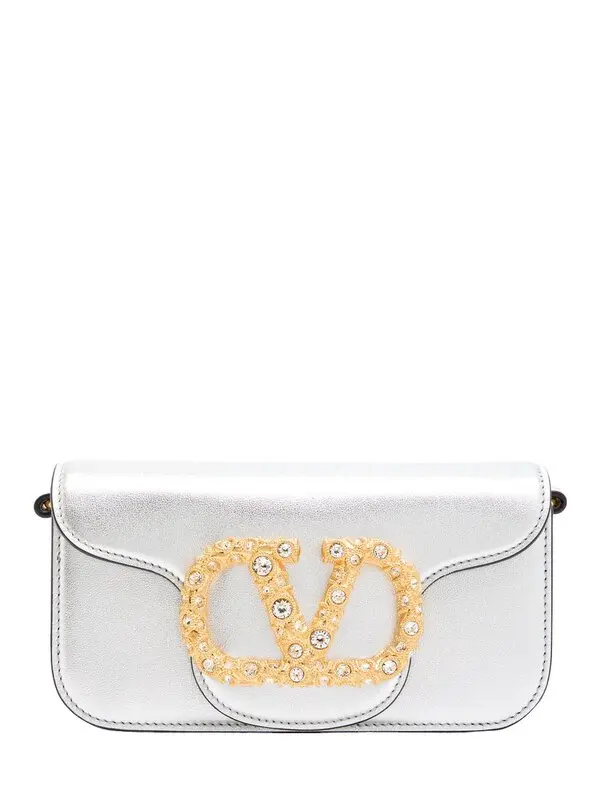 Valentino Garavani Locò Small Metallic Grained Leather Shoulder Bag - Silver